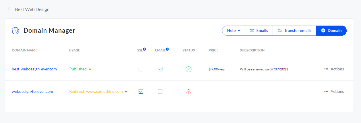 Managing domains in the domain manager – Sitejet Help