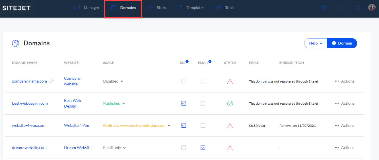 Managing domains in the domain manager – Sitejet Help