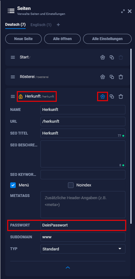 Nutzung von Passwörtern – Sitejet Hilfe